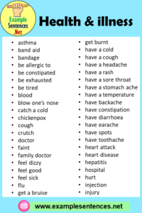 40 Health and illness Words List - Example Sentences